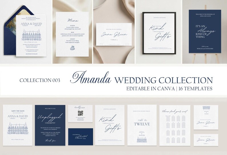 Blue Modern Classic Wedding Invitation Suite Template, Editable Canva ...