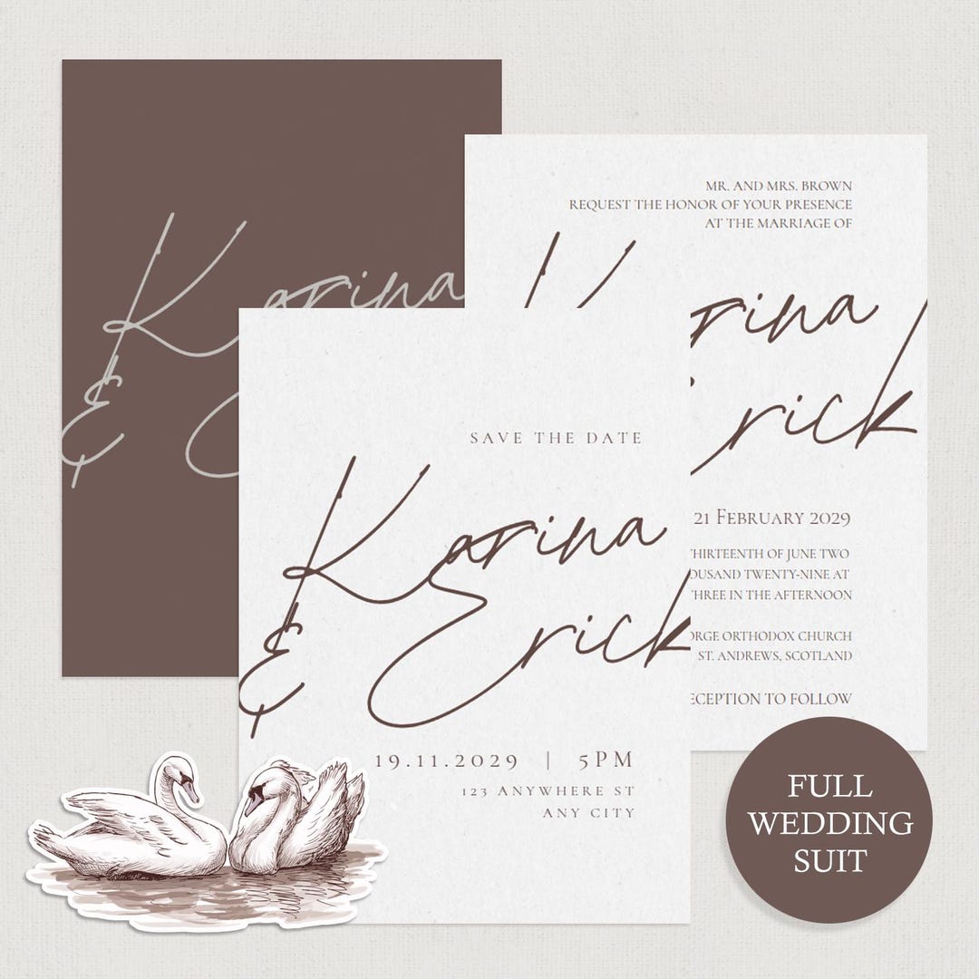 Brown Modern Classic Wedding Invitation Suite Template, Editable Canva ...