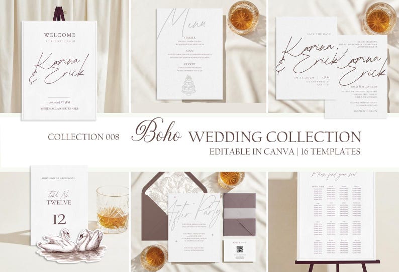 Brown Modern Classic Wedding Invitation Suite Template, Editable Canva ...