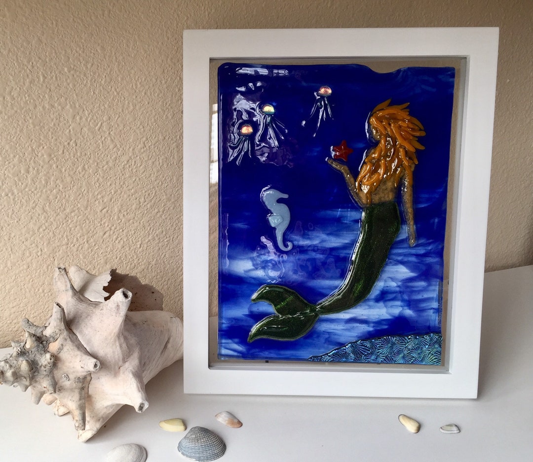 Mermaid and Friends Fused Glass Picture, Framed in 8x10 Float Frame ...