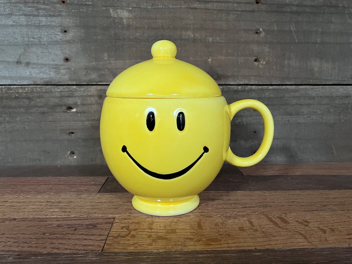 Smiley Face Pot W/lid Teleflora Gift 1990's Ceramic Yellow & Black Face ...
