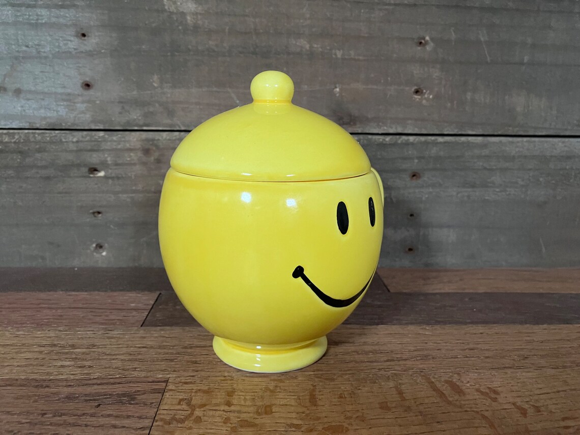 Smiley Face Pot W/lid Teleflora Gift 1990's Ceramic Yellow & Black Face ...