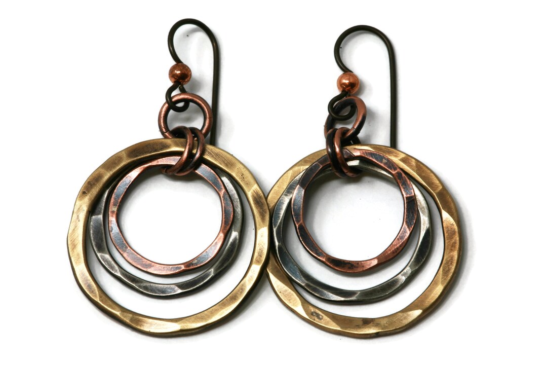 Rustic Mixed Metal Three Hoop Earrings - Hypoallergenic Niobium - Etsy