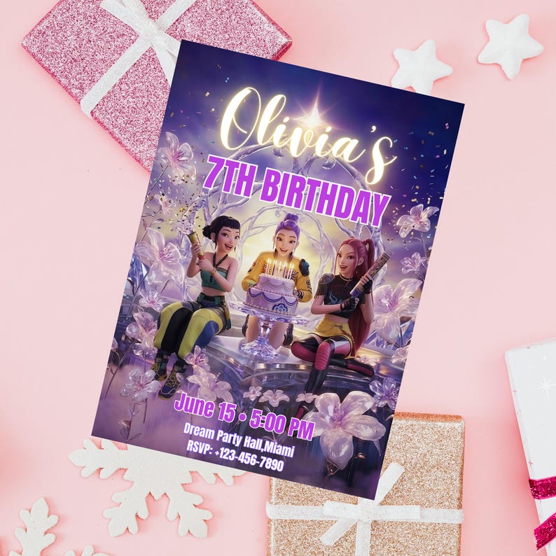 Kpop Demon Hunter Birthday Invitation, Purple Crystal Girl Group Evite ...