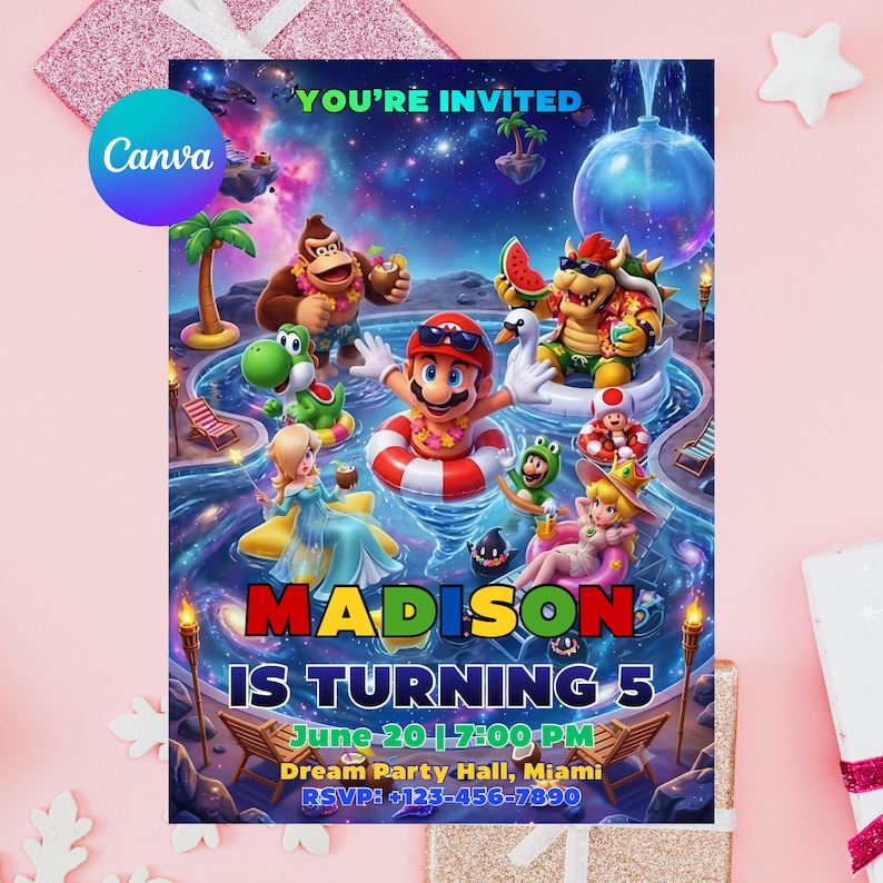 Super Mario Galaxy Birthday Invitation | Editable Space Gamer Party ...