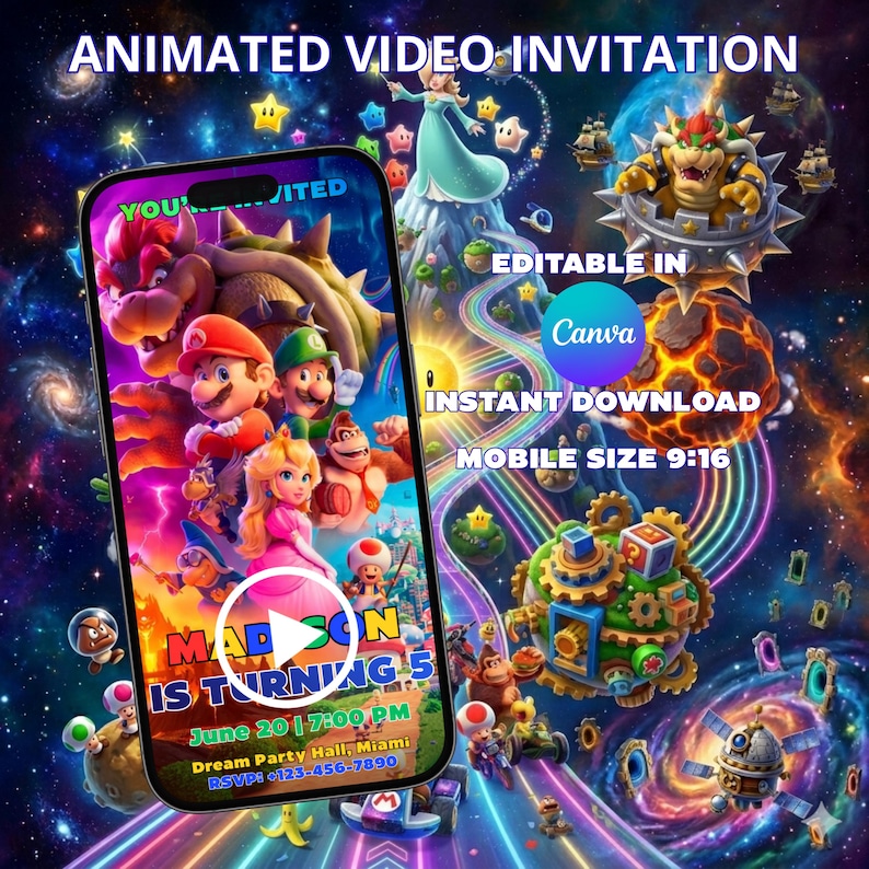 Super Mario Galaxy Animated Video Invitation, Bowser Party, Editable ...