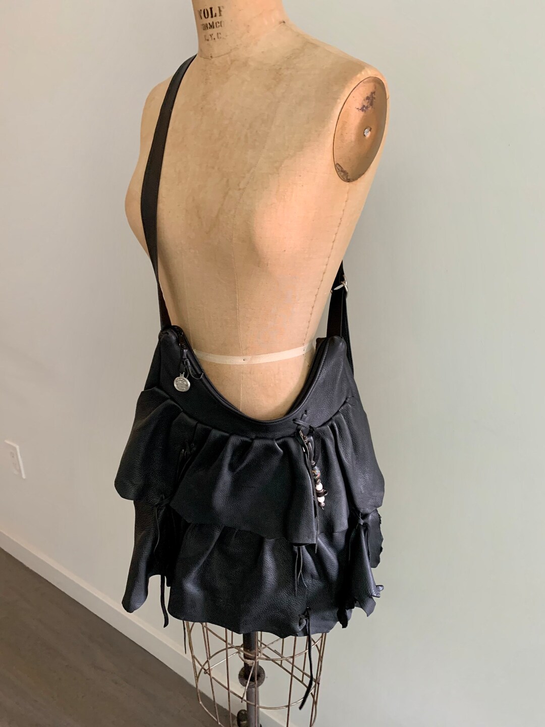 Erda-oversize Deerskin Black Leather Wearable Art Abstract Ruffle ...