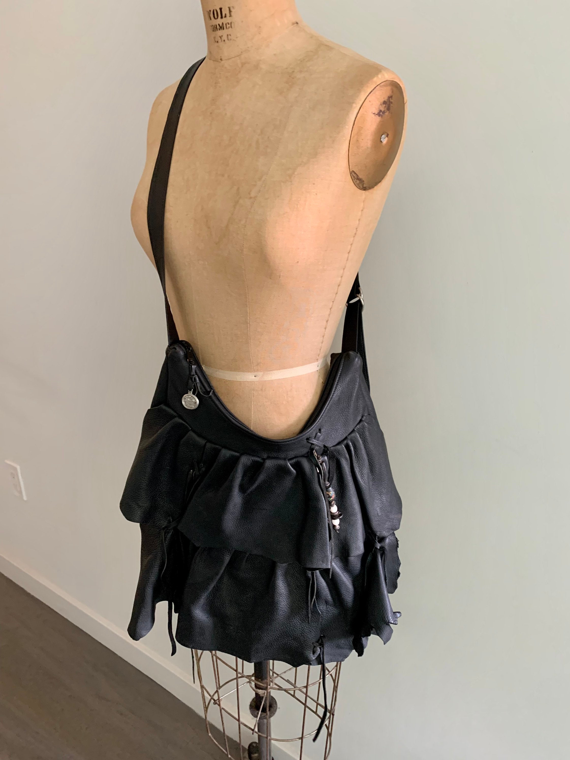 Erda-oversize Deerskin Black Leather Wearable Art Abstract Ruffle ...