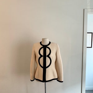 Bill Blass Cream Wool Boucle With Black Trim Edges & Large Logo at ...