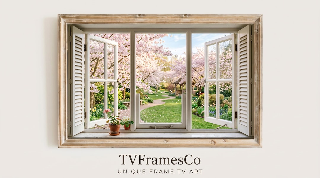 Spring Garden Window View Frame TV Art, Cherry Blossom Sakura (digital ...
