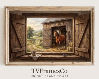 Horse Stable Window View Frame TV Art, Rustic Farmhouse Landscape ...