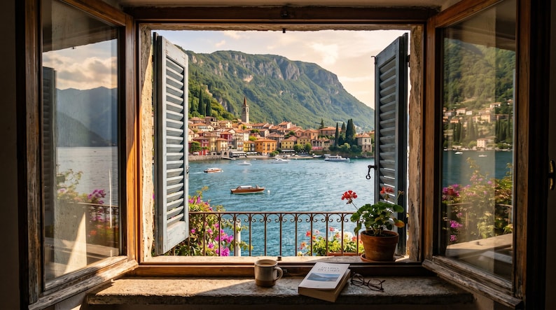 Window Frame Italian Village Landscape, Lake Como Frame TV Art ...