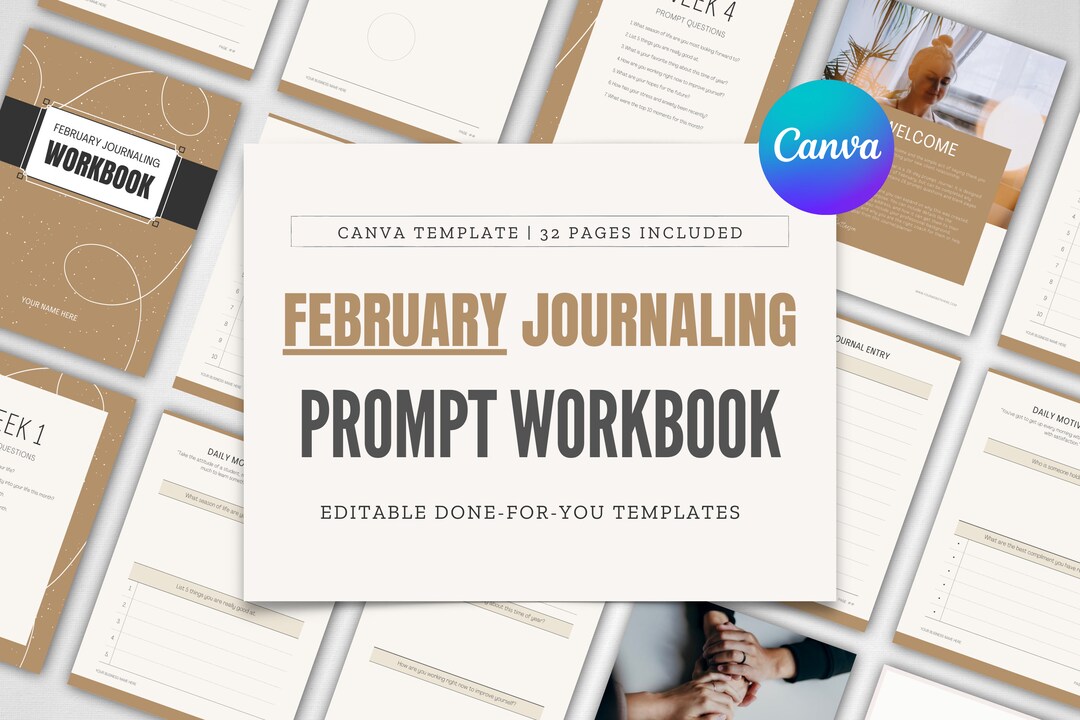 February Prompt Journaling Workbook | Canva Journal Templates ...