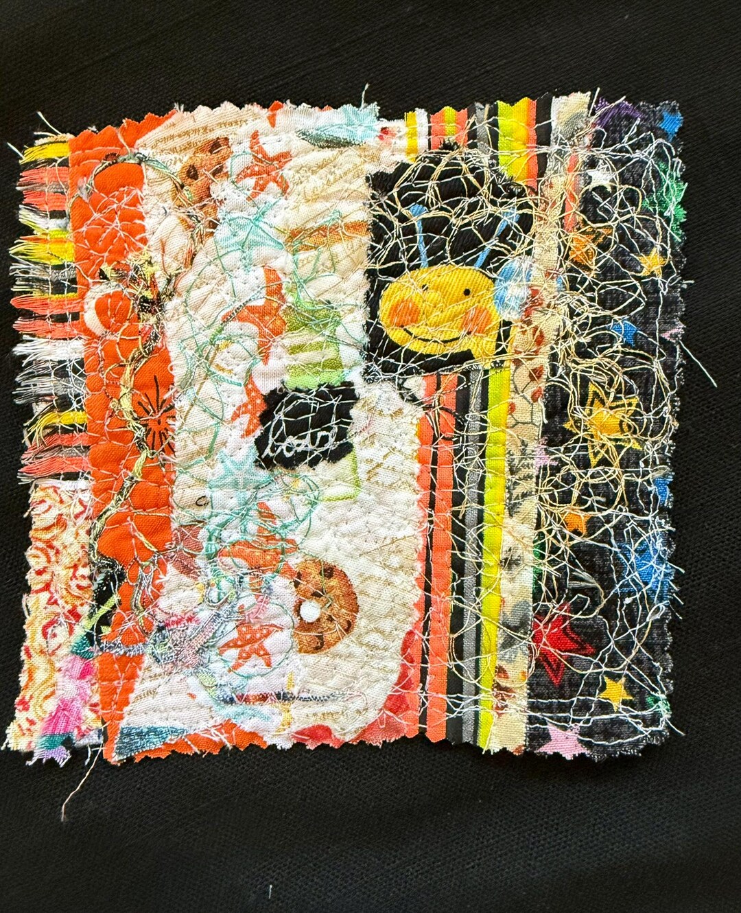 Abstract Cotton Fabric Art Patch: Bee, Donuts, Stars Collage 5x5 - Etsy