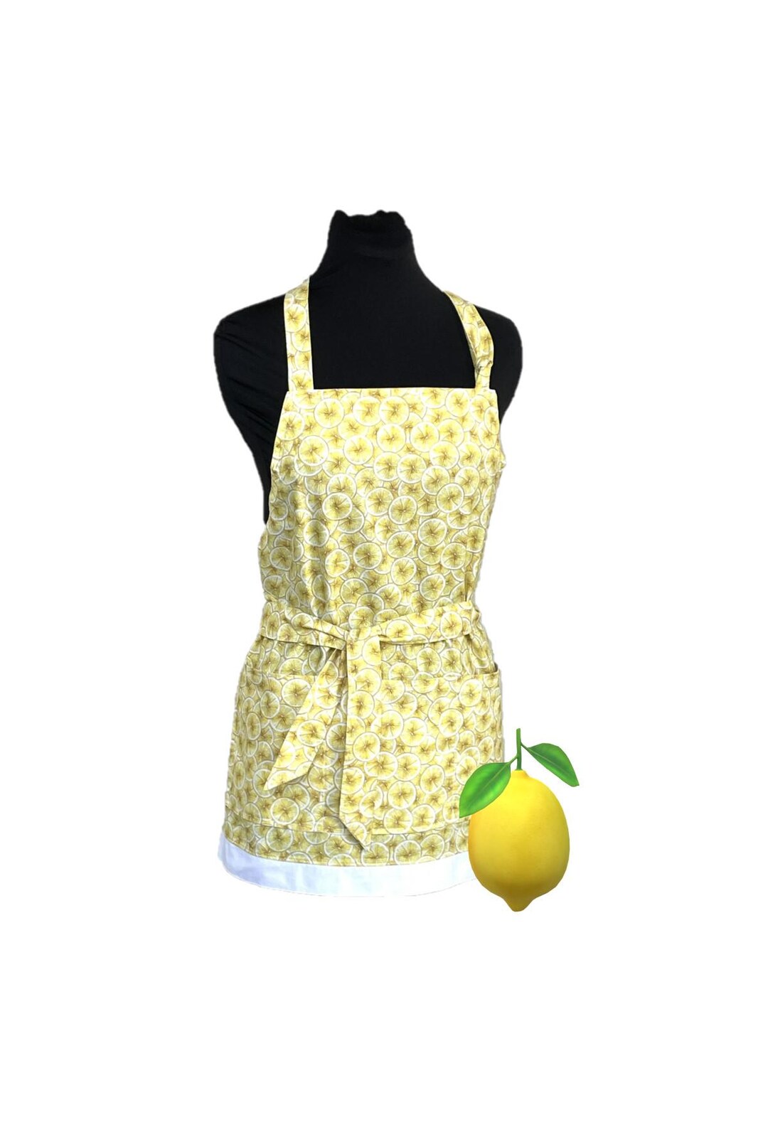 Lemon Theme Cotton Apron With Three Lined Pockets / Adjustable Neck ...