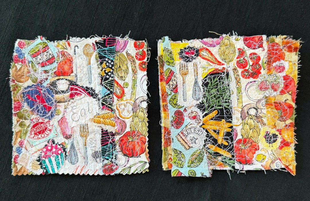 Food Theme Cotton Art Collage, Upcycled Fabric Textile (set of 2) - Etsy