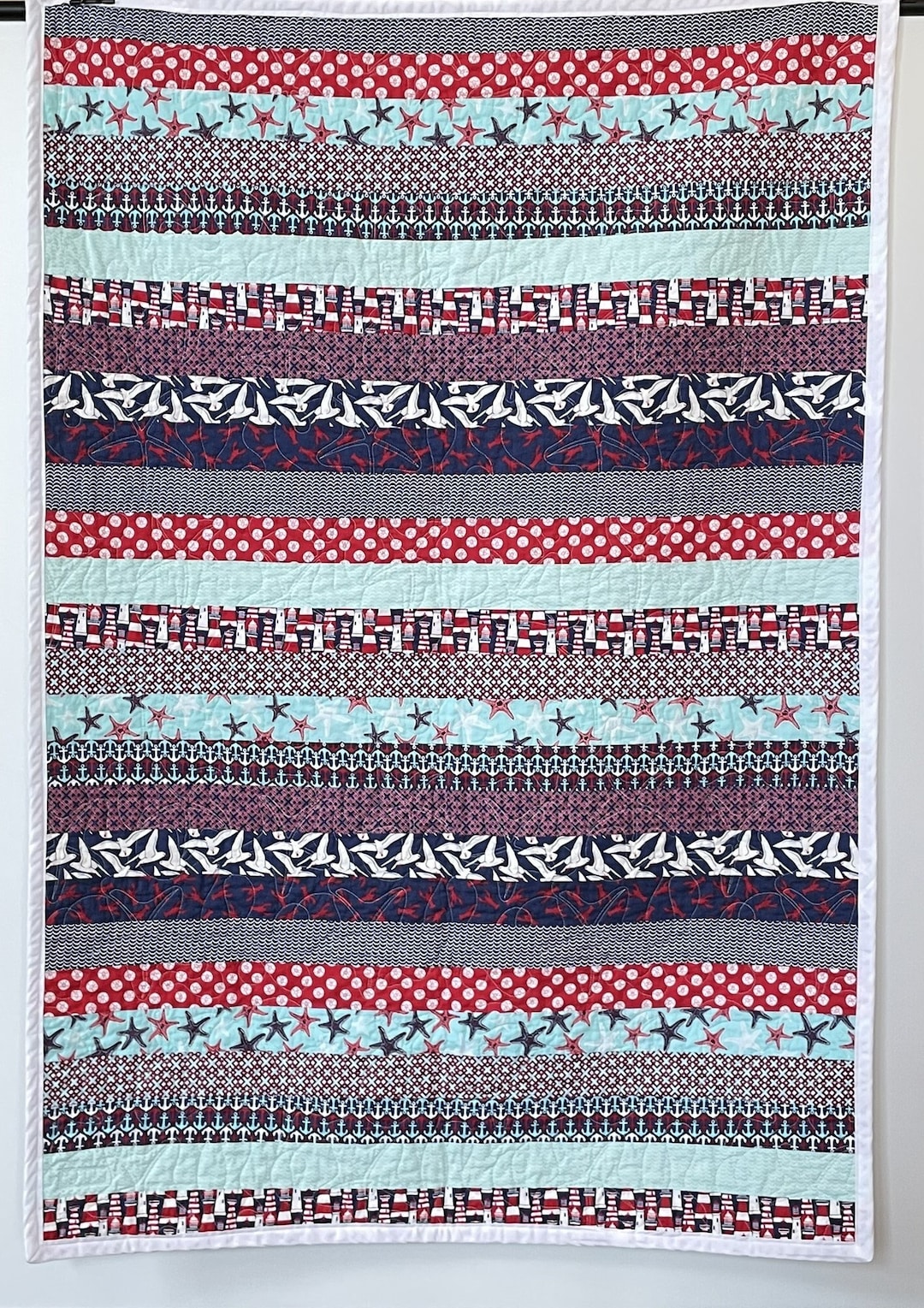 Ocean Theme Patchwork Cotton Quilt, Lighthouses Anchors Design ...