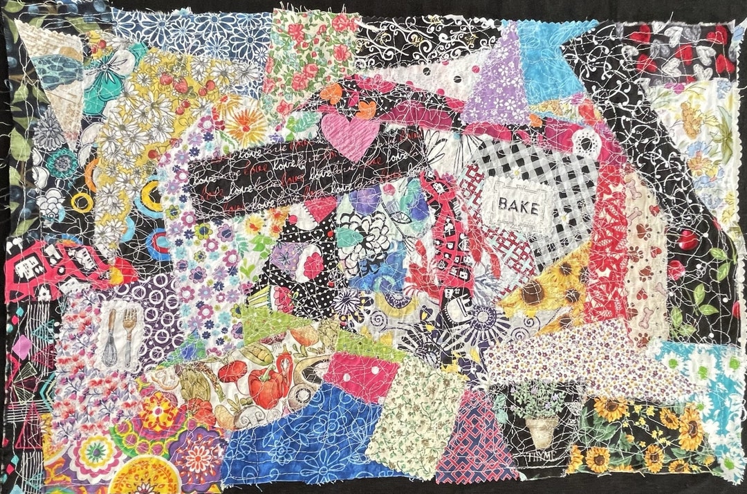 Upcycled Fabric Scrap Art, Floral Food Design, Textile Wall Hanging - Etsy