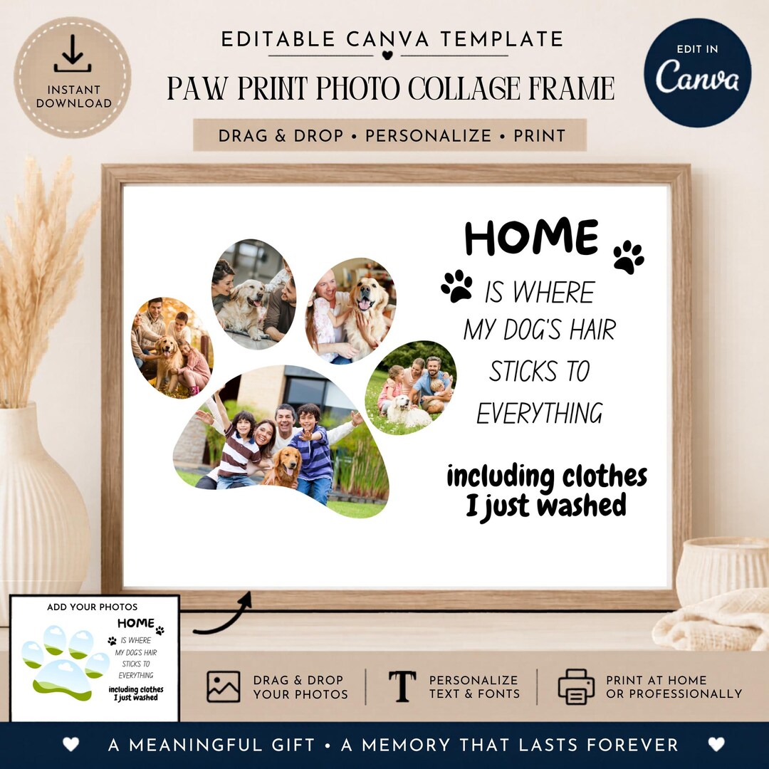 Paw Print Photo Collage Frame Template | Editable Canva Pet Keepsake ...