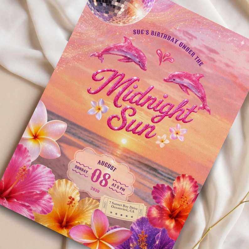 Midnight Sun Birthday Invitation Template, Tropical Beach Sunset Party ...