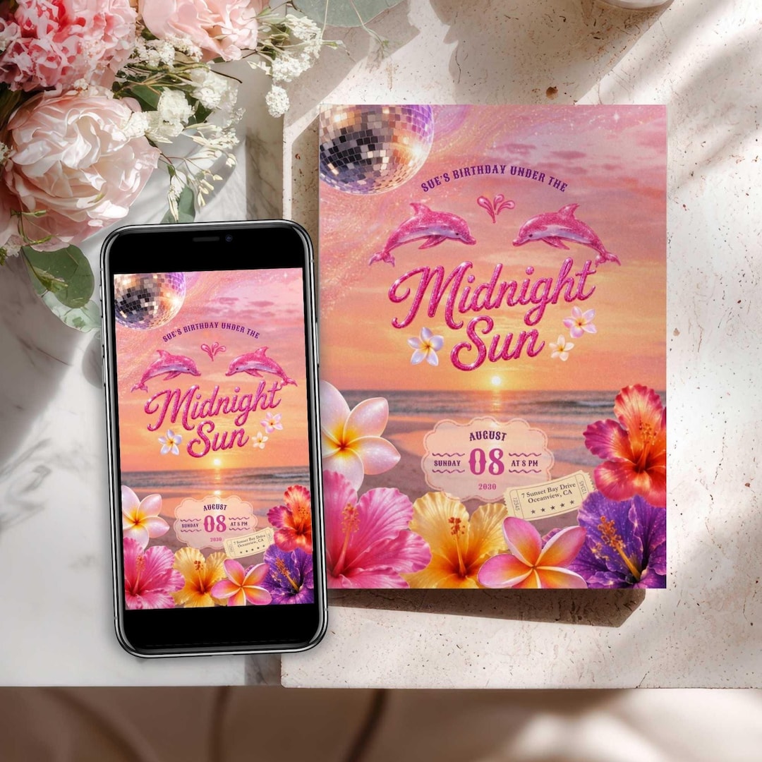Midnight Sun Birthday Invitation Template, Tropical Beach Sunset Party ...