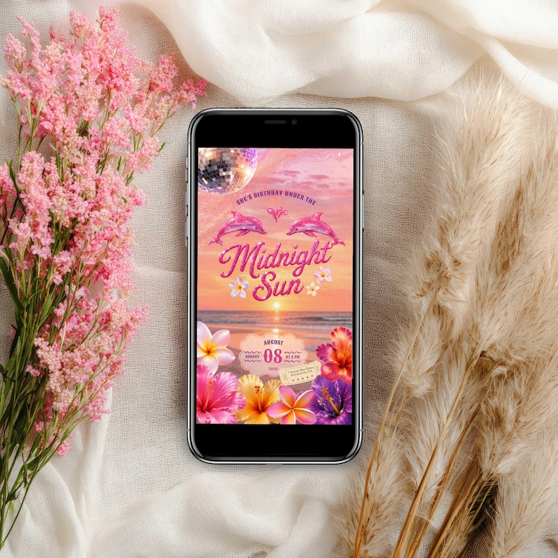 Midnight Sun Birthday Invitation Template, Tropical Beach Sunset Party ...
