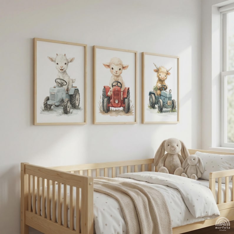 Farm Animals Tractor Nursery Prints Set of 3 – Highland Cow Boy Room ...