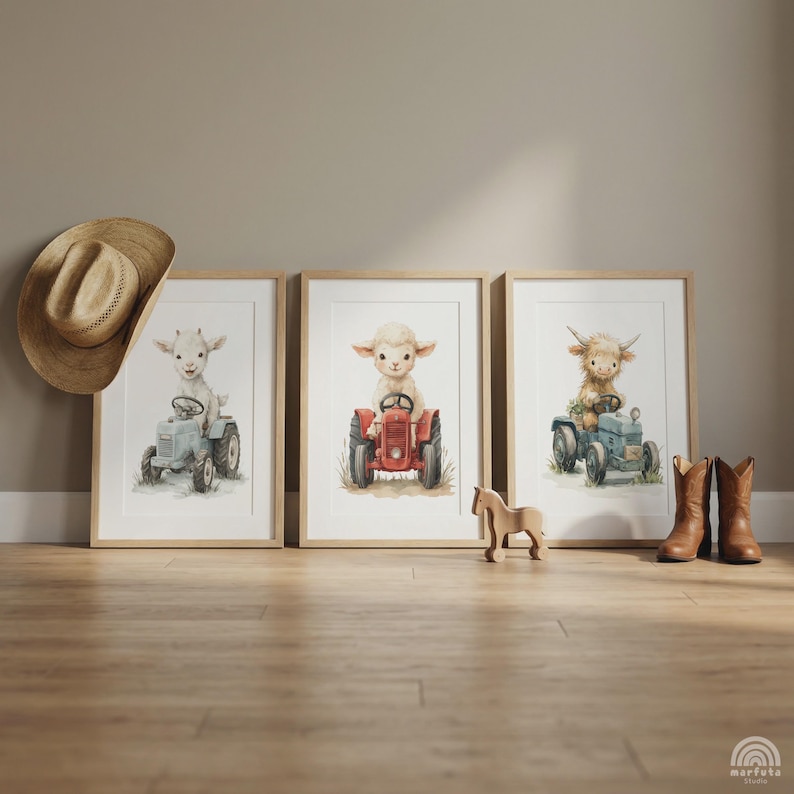 Farm Animals Tractor Nursery Prints Set of 3 – Highland Cow Boy Room ...