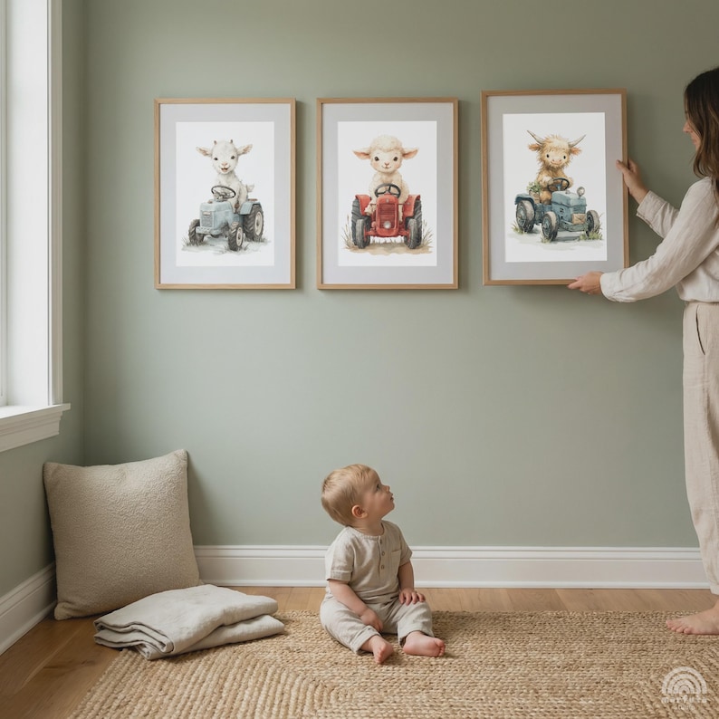 Farm Animals Tractor Nursery Prints Set of 3 – Highland Cow Boy Room ...