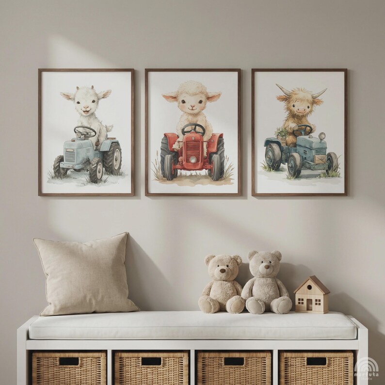 Farm Animals Tractor Nursery Prints Set of 3 – Highland Cow Boy Room ...