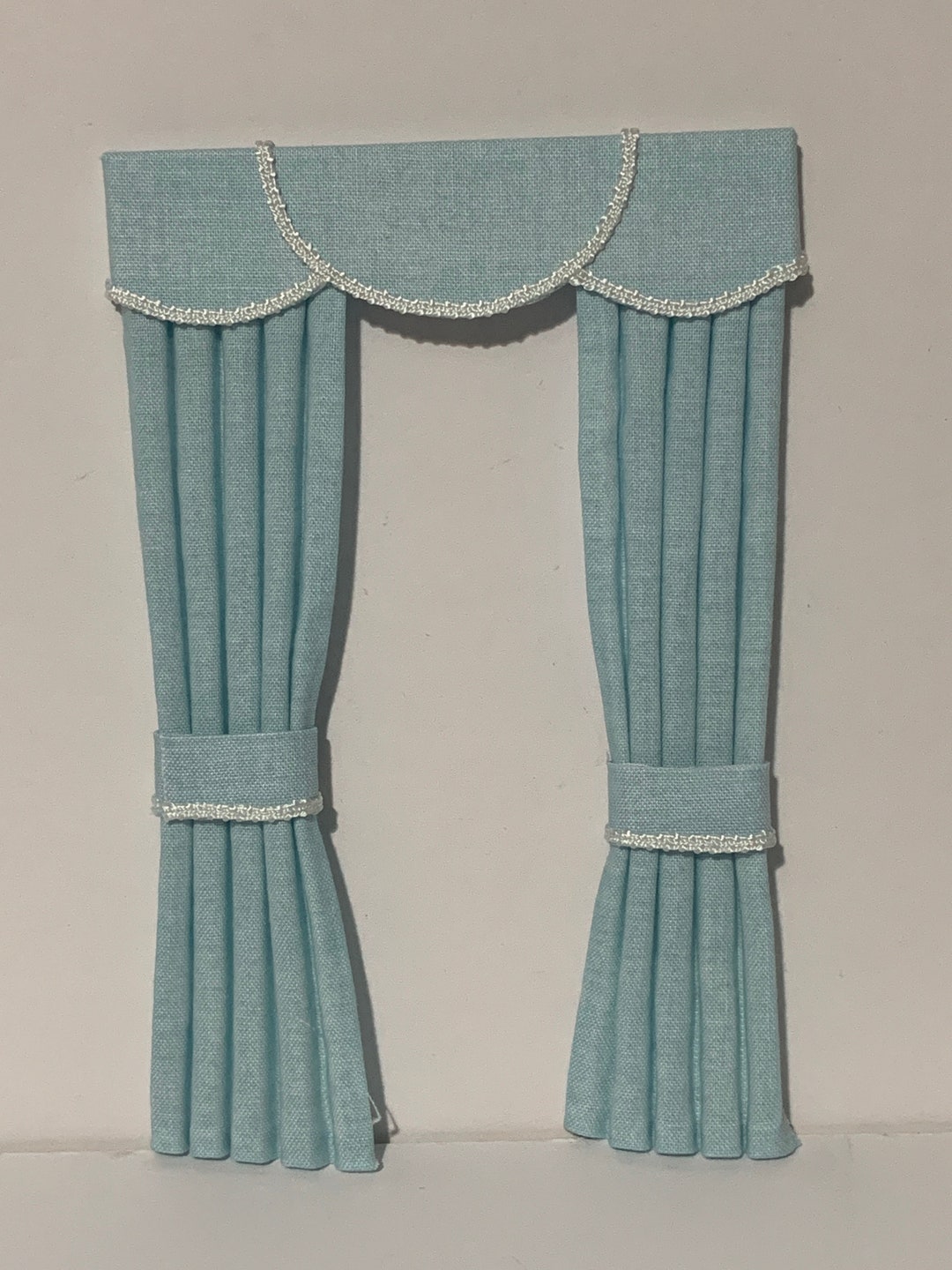 Dolls House 1/12th Scale Curtains, Made to Order Light Blue With White ...