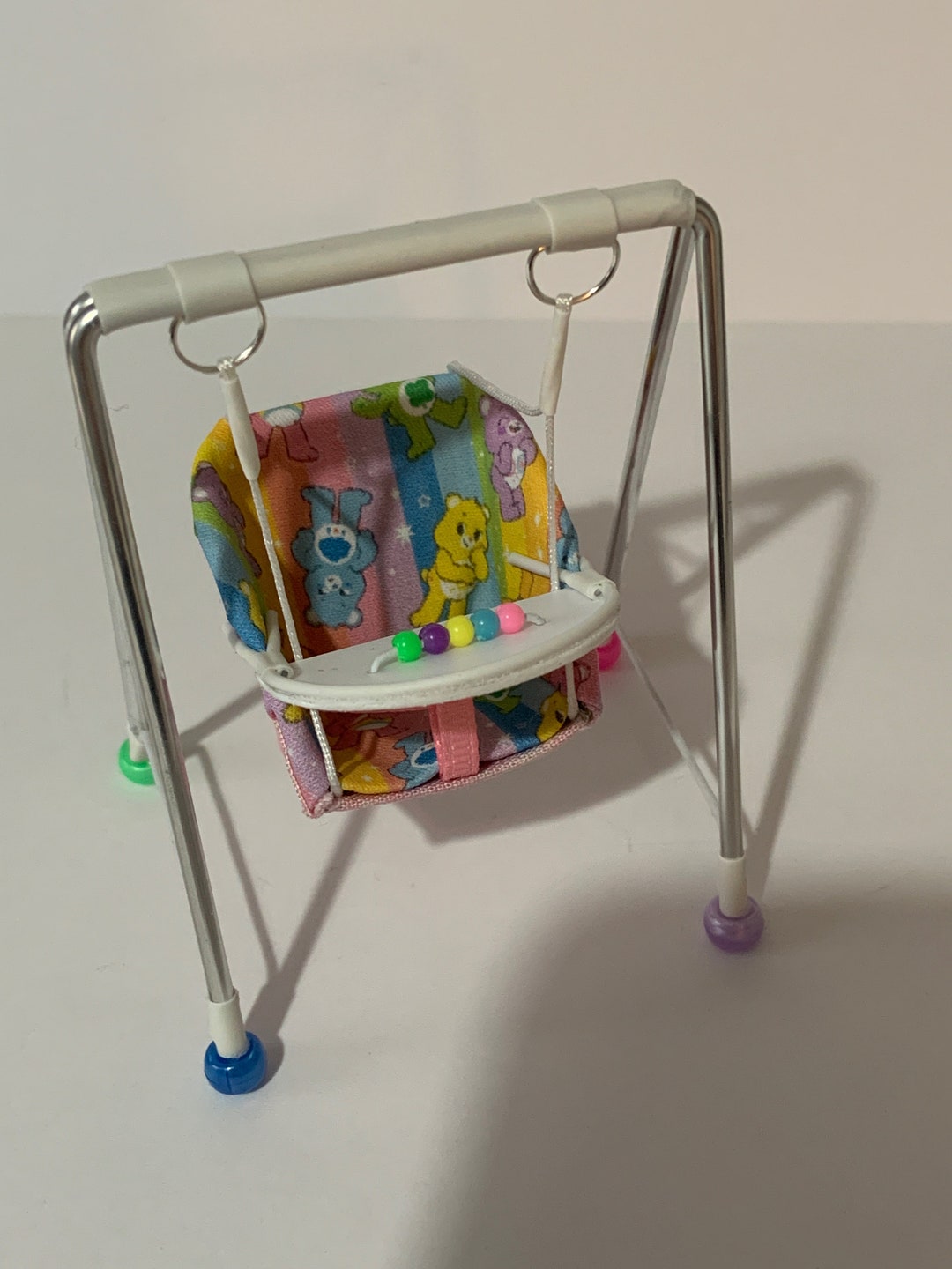 DOLLS HOUSE 1/12th Scale Baby Swing, Cute Rainbow Bear Fabric on Pink ...