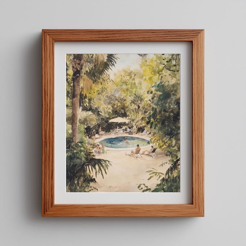 Sun-dappled Pool Scene Oil Painting Print, Tropical Garden Vintage Art ...