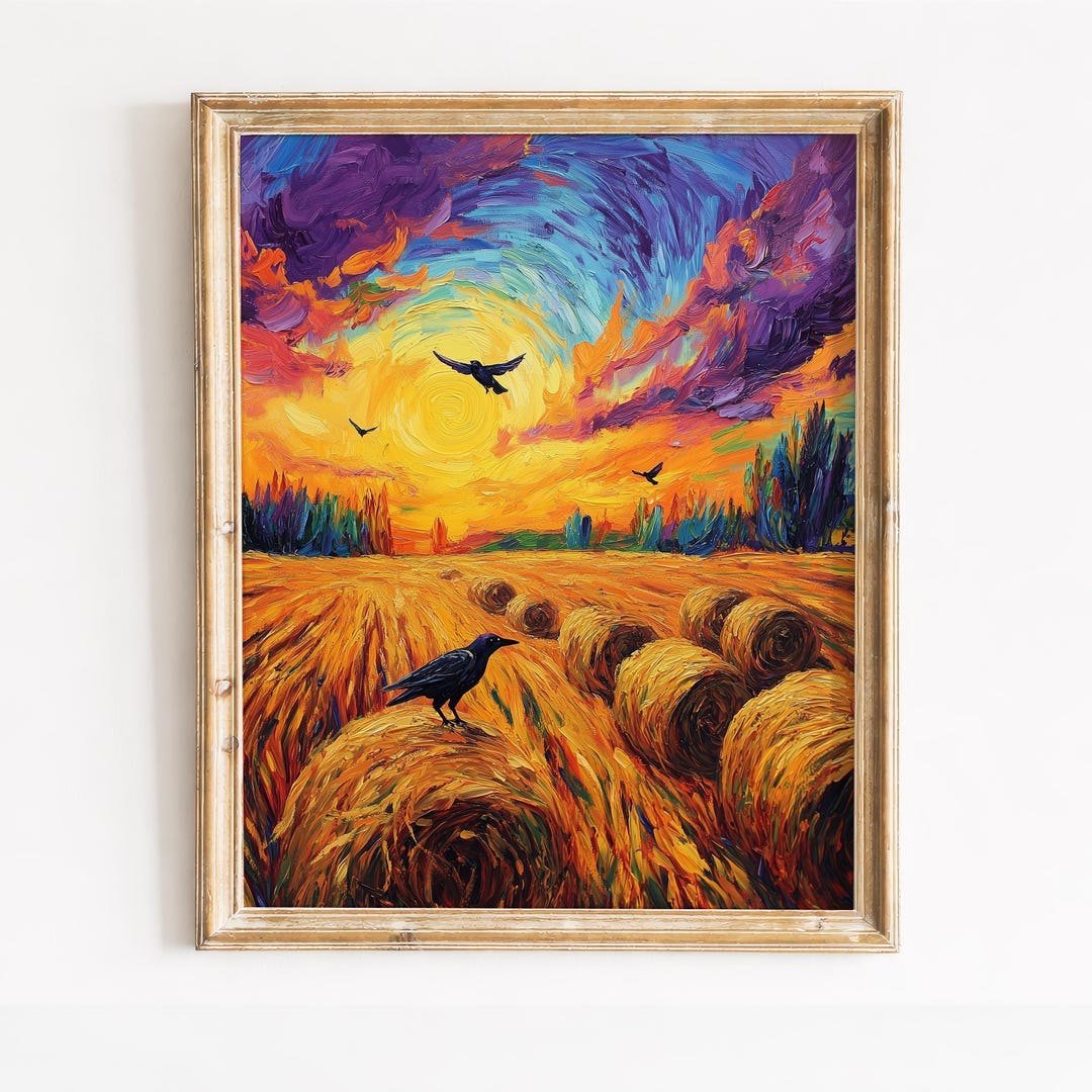 Vibrant Crow Wheat Field Oil Painting Print, Golden Harvest Swirling ...