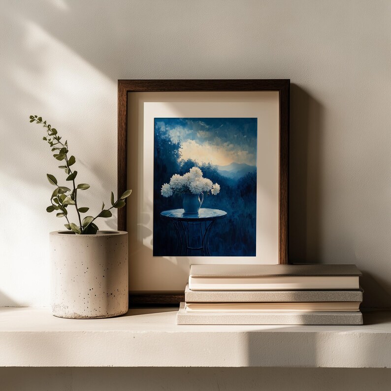 Moody Blue Floral Oil Painting Print, White Dahlia Vintage Wall Art ...