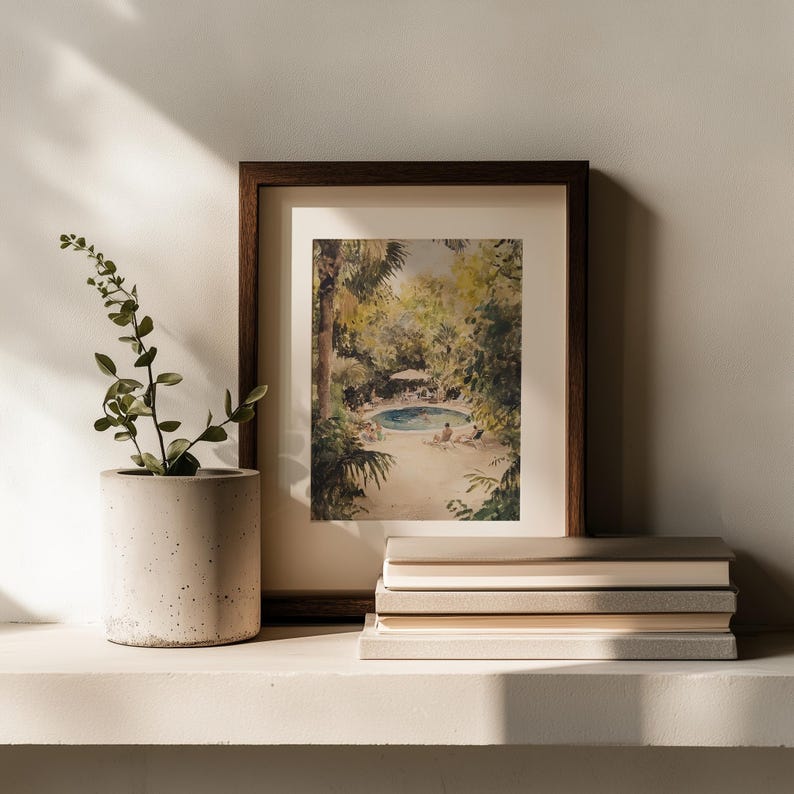 Sun-dappled Pool Scene Oil Painting Print, Tropical Garden Vintage Art ...