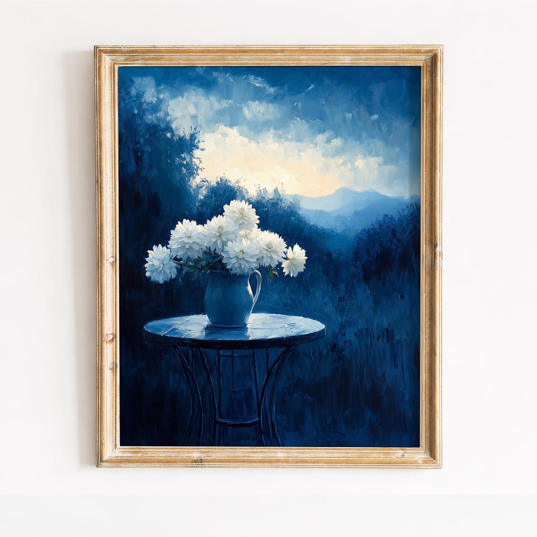 Moody Blue Floral Oil Painting Print, White Dahlia Vintage Wall Art ...