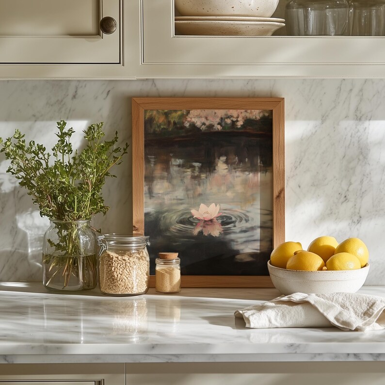 Moody Lotus Pond Oil Painting Print, Soft Pink Floral Vintage Wall Art ...