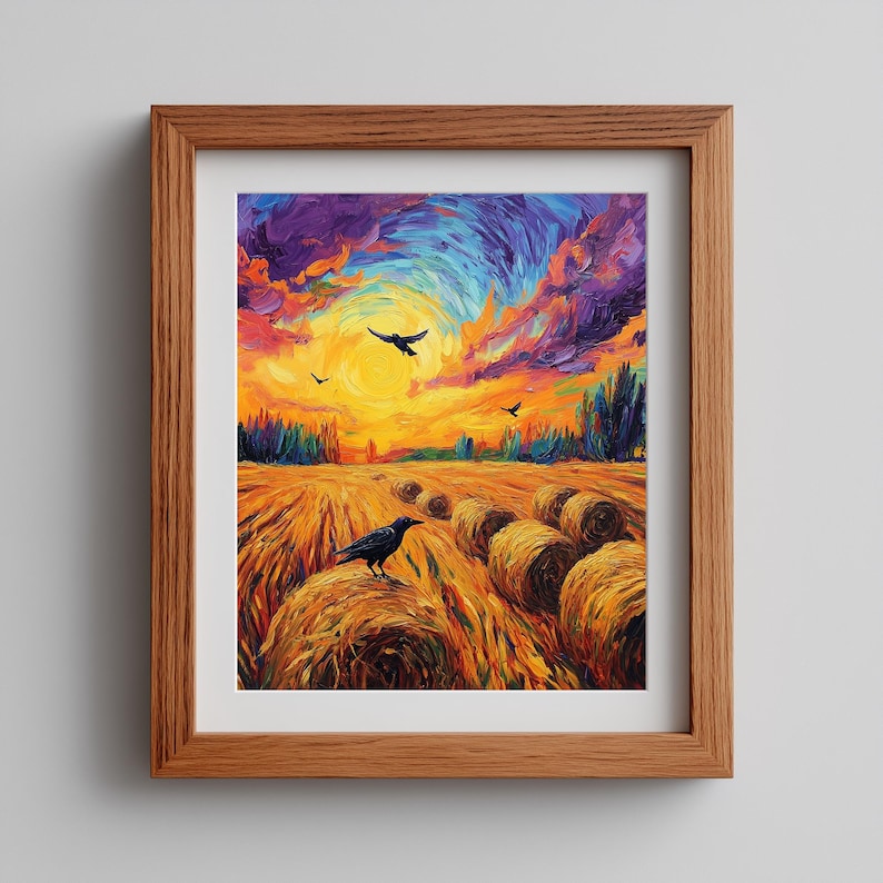Vibrant Crow Wheat Field Oil Painting Print, Golden Harvest Swirling ...