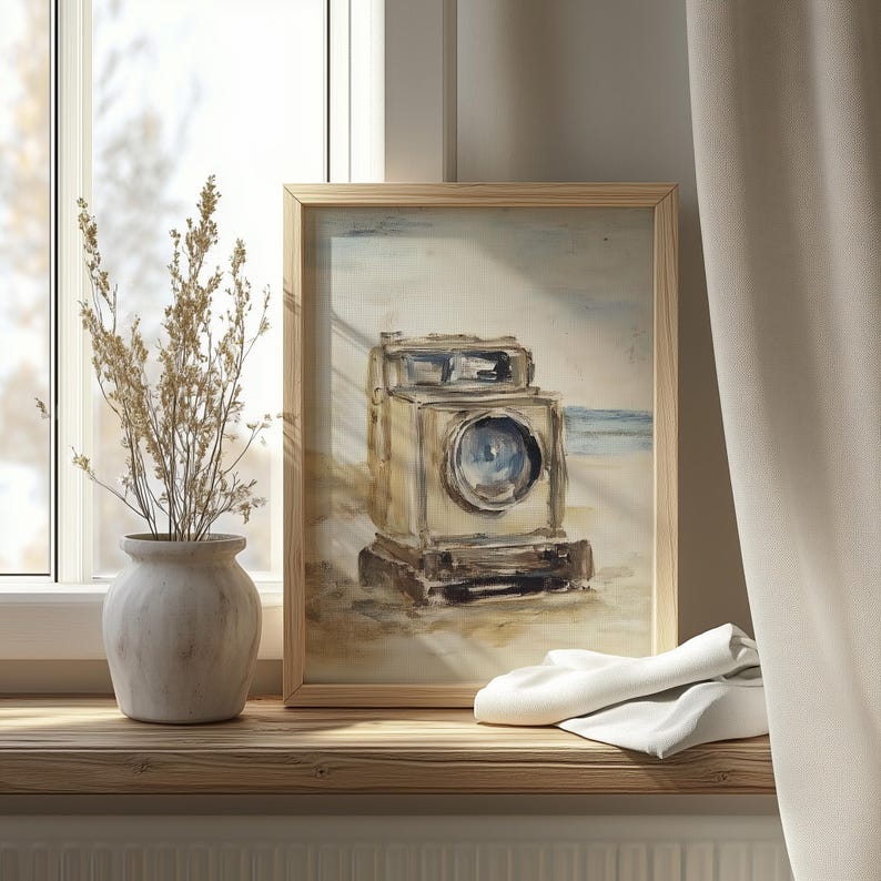 Vintage Camera Oil Painting Print, Moody Retro Polaroid Printable Wall ...