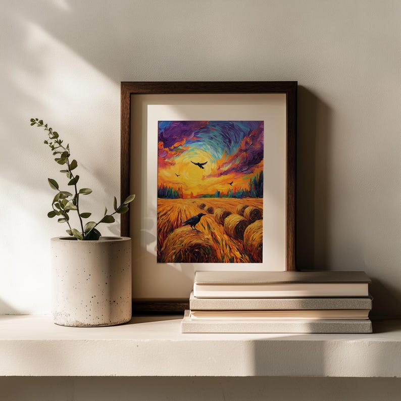 Vibrant Crow Wheat Field Oil Painting Print, Golden Harvest Swirling ...
