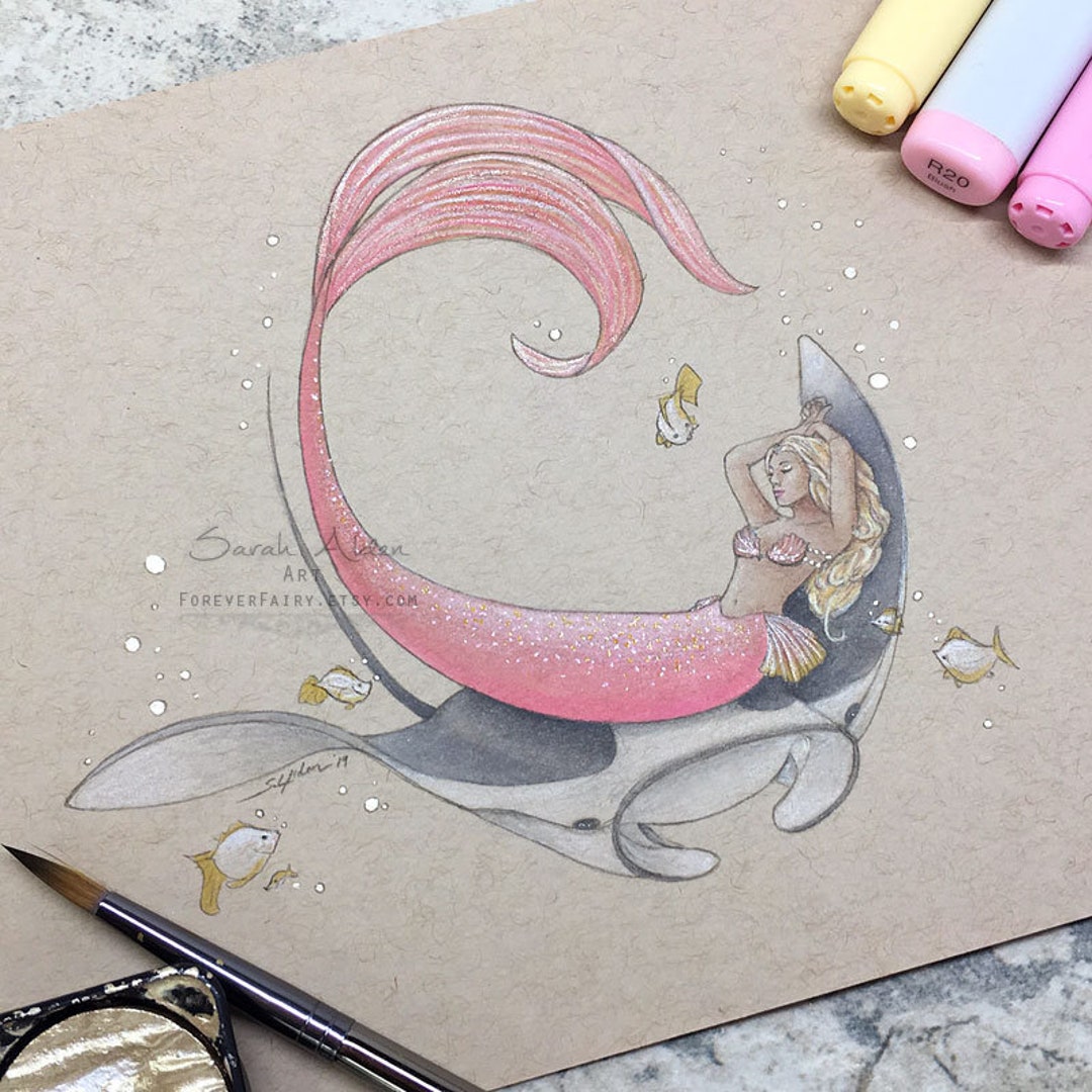 Mermaid Art, Manta Ray Print, Ocean Life, Mermaid Print, Ocean Animals ...