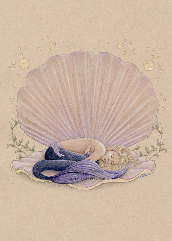 Seashell Mermaid Art, Sleeping Mermaid Print, Clam Shell Mermaid ...