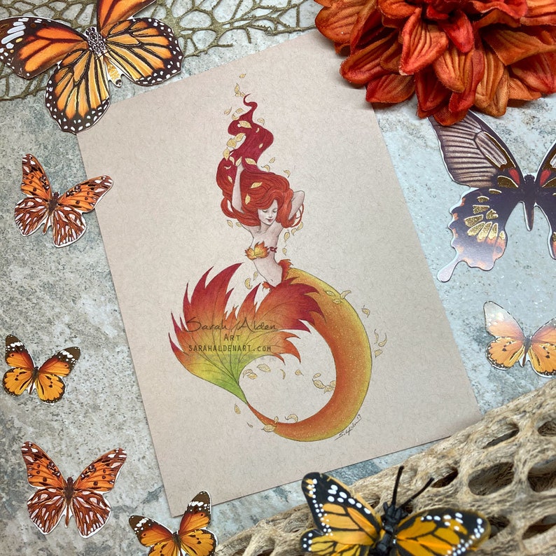 Autumn Mermaid Art, Fantasy Print, Fall Mermaid Painting Wall Art ...