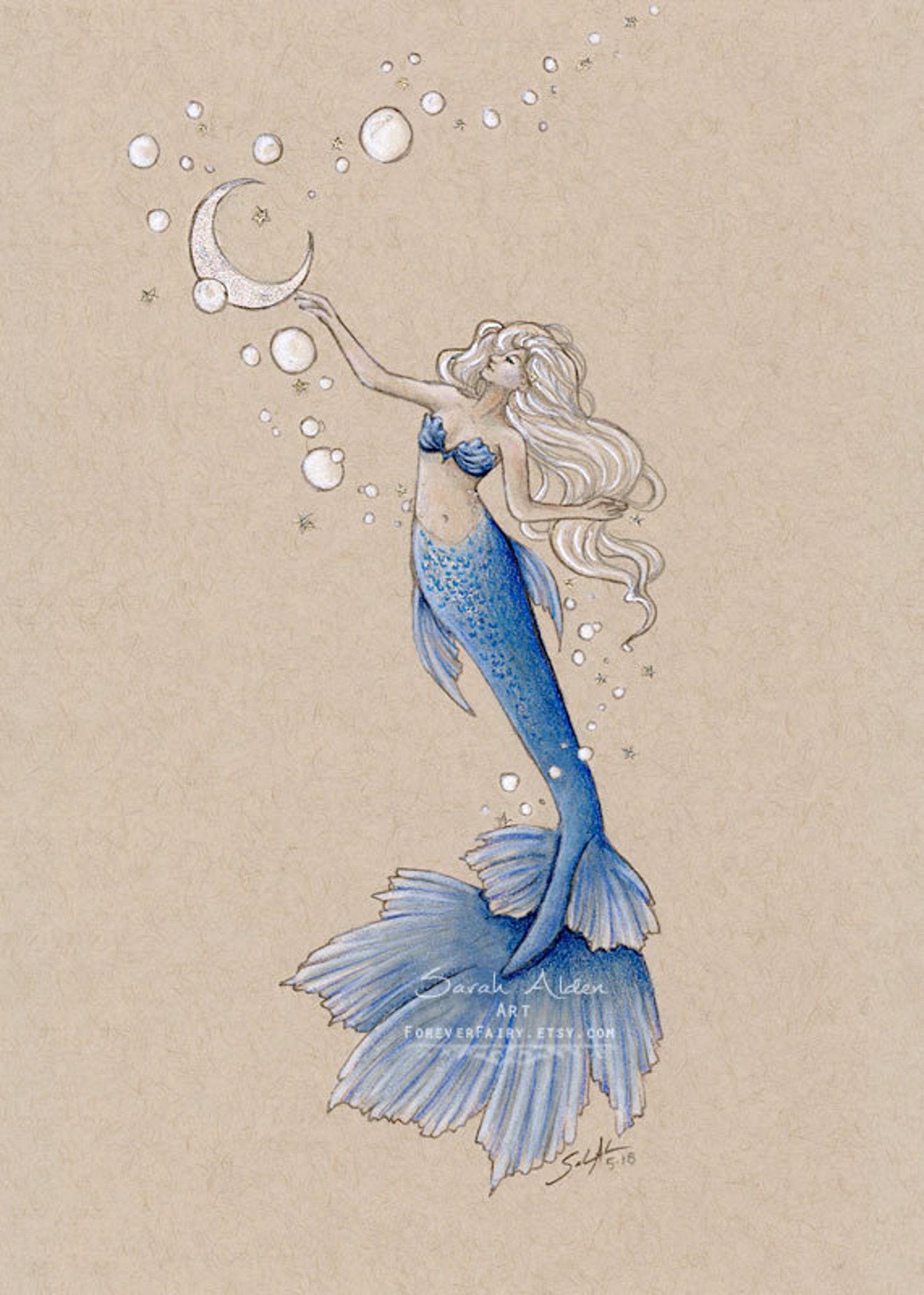 Moon Mermaid Print Little Mermaid Art Mermay Print Original - Etsy