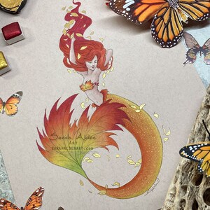 Autumn Mermaid Art, Fantasy Print, Fall Mermaid Painting Wall Art ...