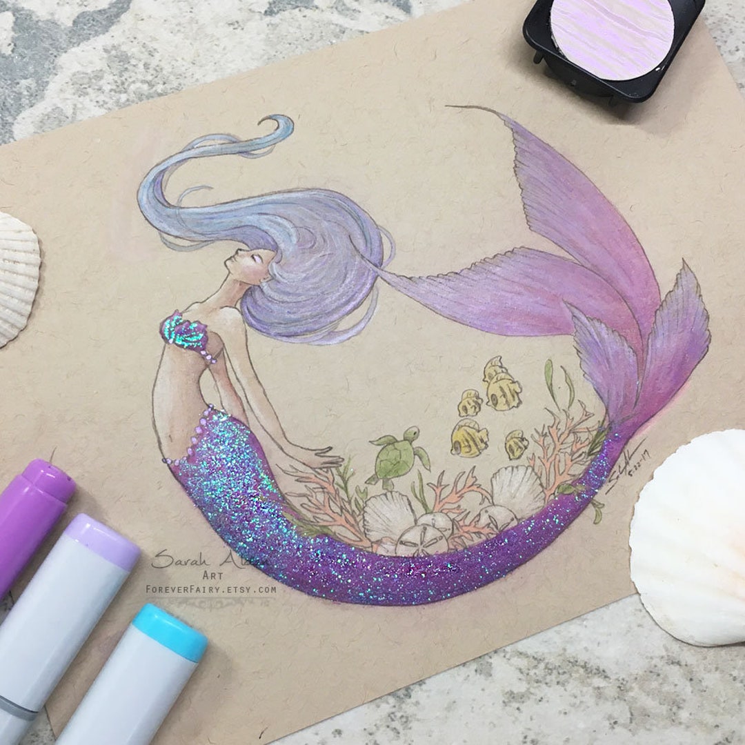 Glitter Mermaid Art, Reef Mermaid Print, Glitter Wall Art, Coral ...