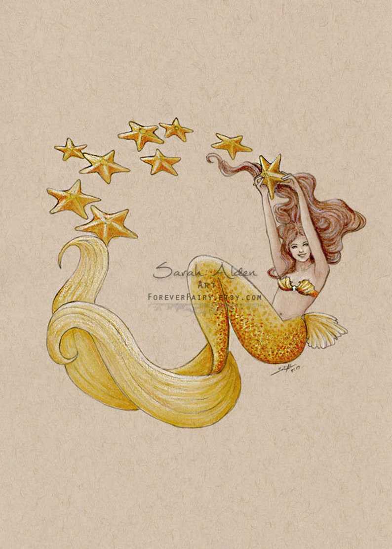 Starfish Mermaid Print, Little Mermaid Art, Tropical Mermaid Beach ...