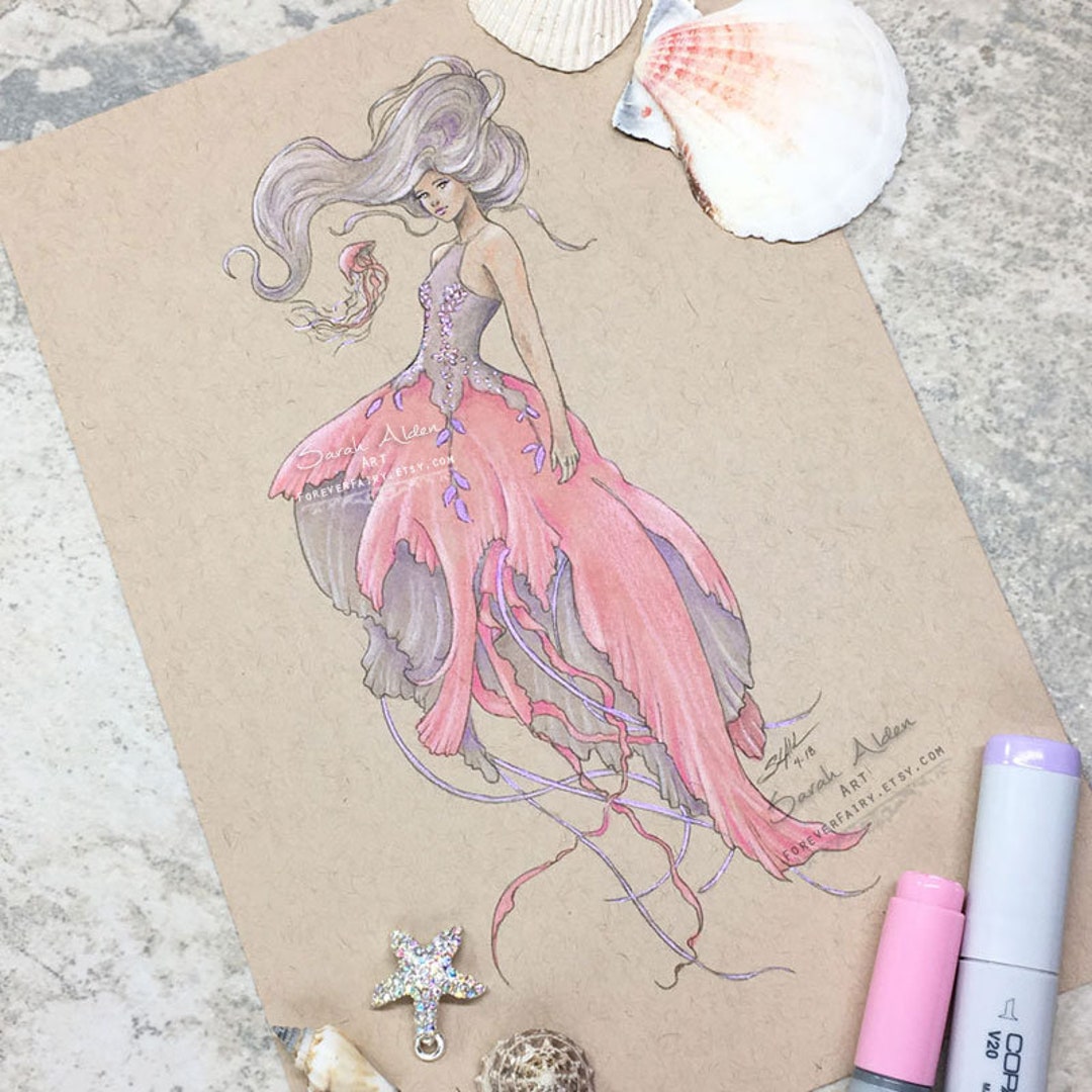 Jellyfish Mermaid Art, Vintage Mermaid Print, Fantasy Mermaid Painting ...