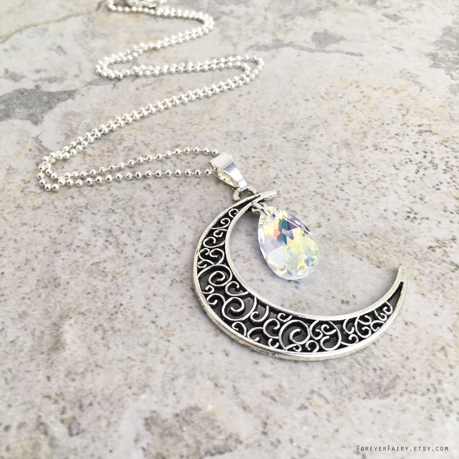 Crystal Moon Necklace, Half Moon Jewelry, Gothic Necklace, Lunar Moon ...